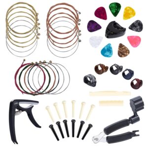 benvo guitar accessories kit 49 pieces guitar tool changing kit including guitar picks, capo, acoustic guitar strings, string winder, bridge pins, pin puller, guitar bones & pick holder, finger picks