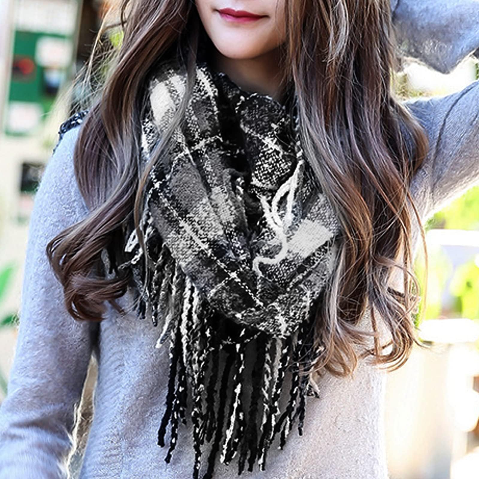 Chalier Womens Winter Plaid Infinity Scarf Warm Tassel Circle Loop Scarves & Knit Fall Scarfs for Women(03 Black+white)