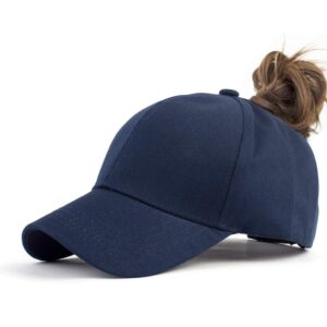 high ponytail baseball hat - women messy bun hat, sun protection ponycaps retro cap navy blue