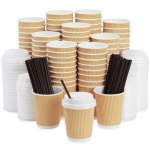 juvale 100 pack 8 oz insulated disposable coffee cups with lids - kraft paper cup with stirring straws for hot drinks, beverages