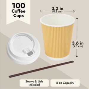 Juvale 100 Pack 8 oz Insulated Disposable Coffee Cups with Lids - Kraft Paper Cup with Stirring Straws for Hot Drinks, Beverages