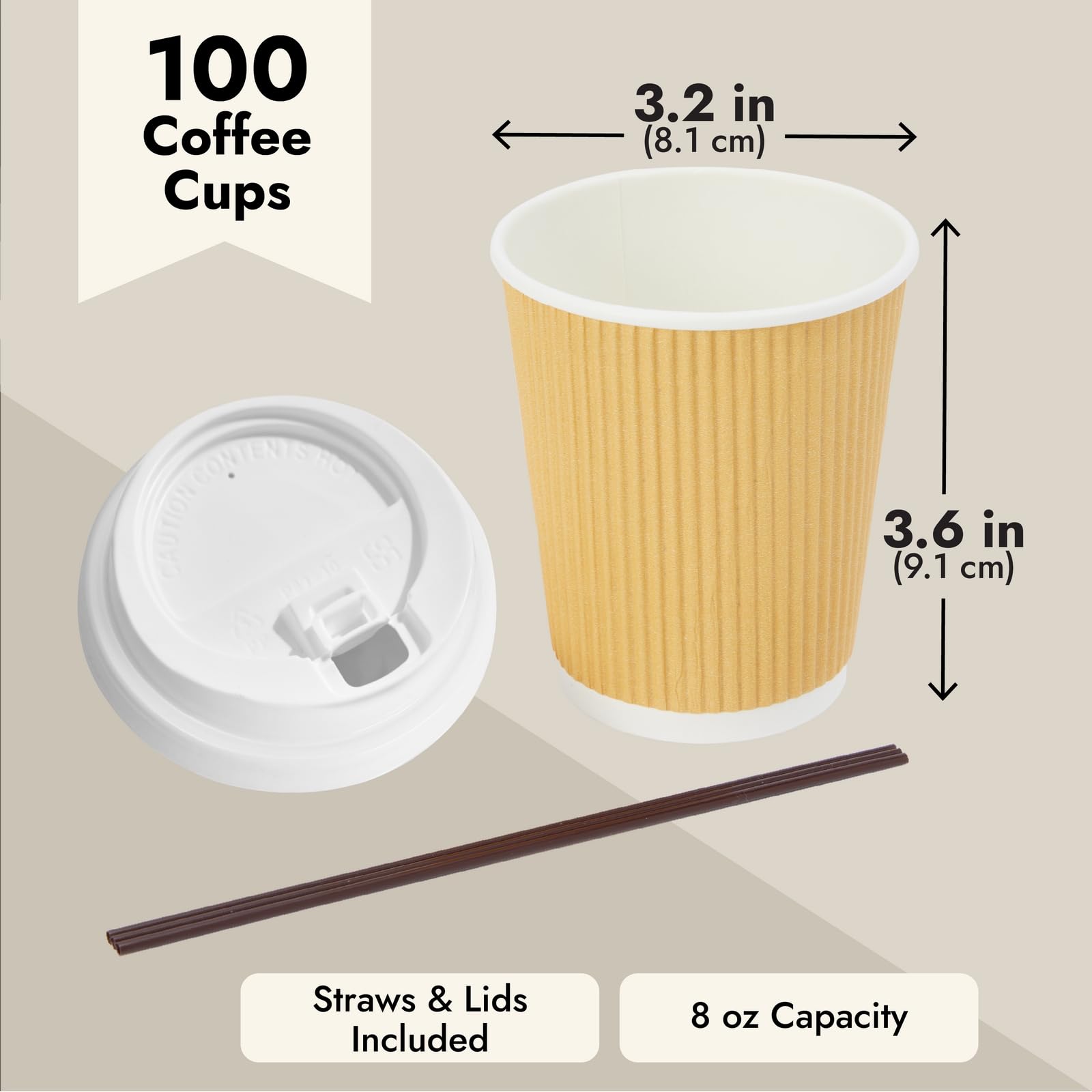 Juvale 100 Pack 8 oz Insulated Disposable Coffee Cups with Lids - Kraft Paper Cup with Stirring Straws for Hot Drinks, Beverages