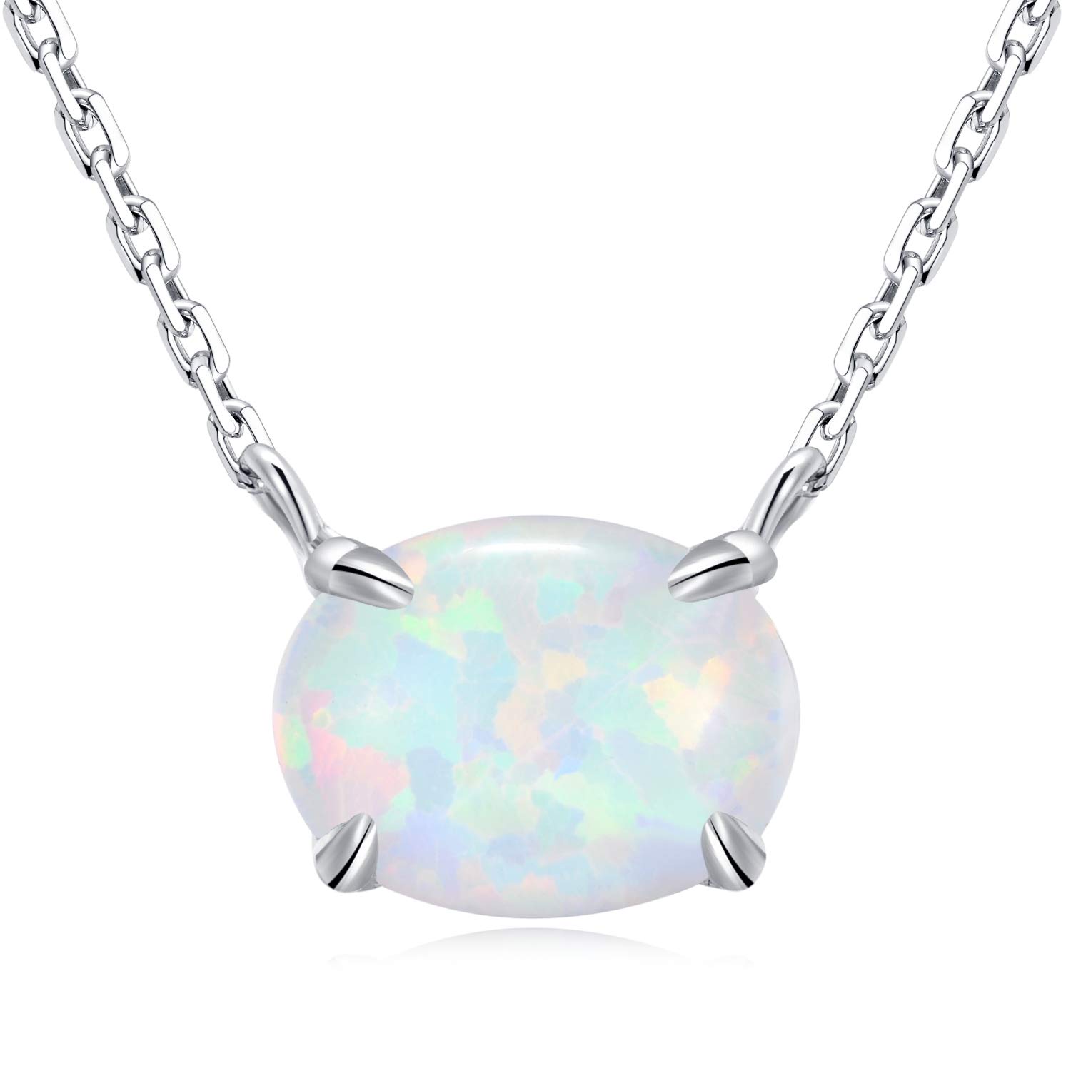 Sterling Silver Opal Necklace, 925 Sterling Silver & 14K White Gold Plating, October Birthstone Necklace, Small Oval Opal Jewelry For Women, Gemstone Necklace, Simple Necklace (White Gold)