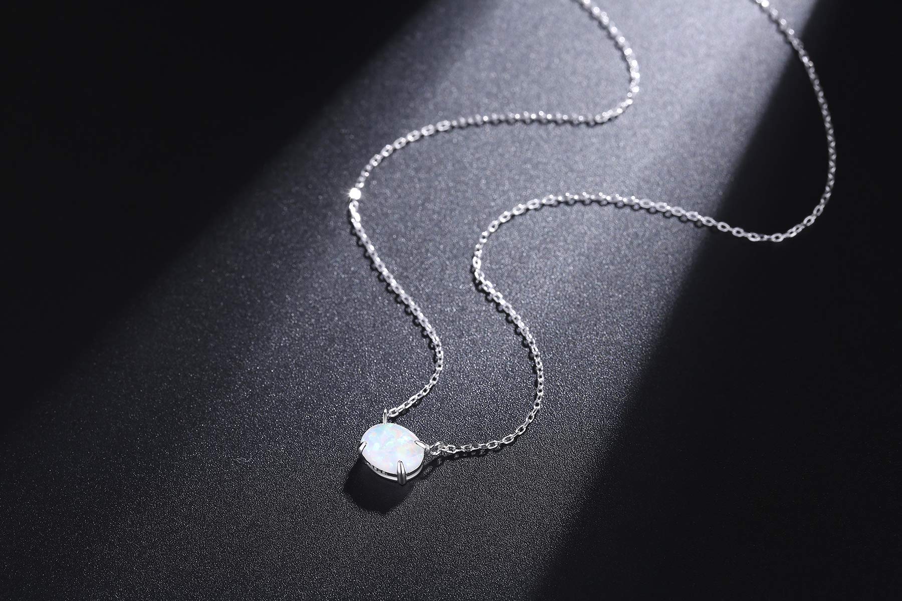 Sterling Silver Opal Necklace, 925 Sterling Silver & 14K White Gold Plating, October Birthstone Necklace, Small Oval Opal Jewelry For Women, Gemstone Necklace, Simple Necklace (White Gold)