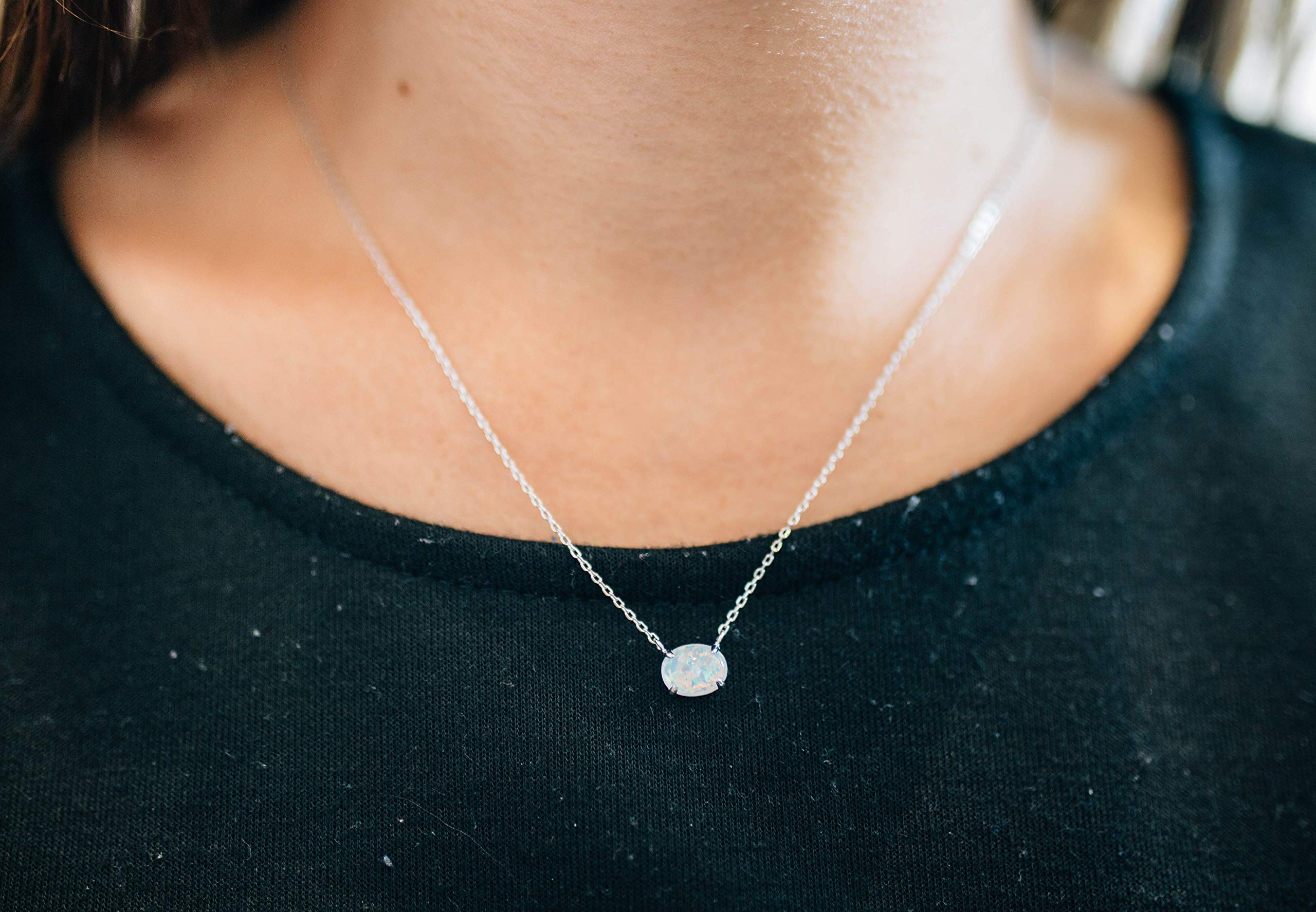 Sterling Silver Opal Necklace, 925 Sterling Silver & 14K White Gold Plating, October Birthstone Necklace, Small Oval Opal Jewelry For Women, Gemstone Necklace, Simple Necklace (White Gold)