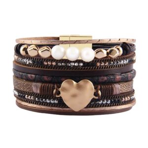 azora leather cuff bracelet multi strands brown wrap bangle with pearl boho jewelry for women gift