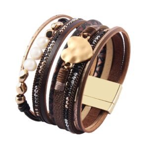 AZORA Leather Cuff Bracelet Multi Strands Brown Wrap Bangle with Pearl Boho Jewelry for Women Gift