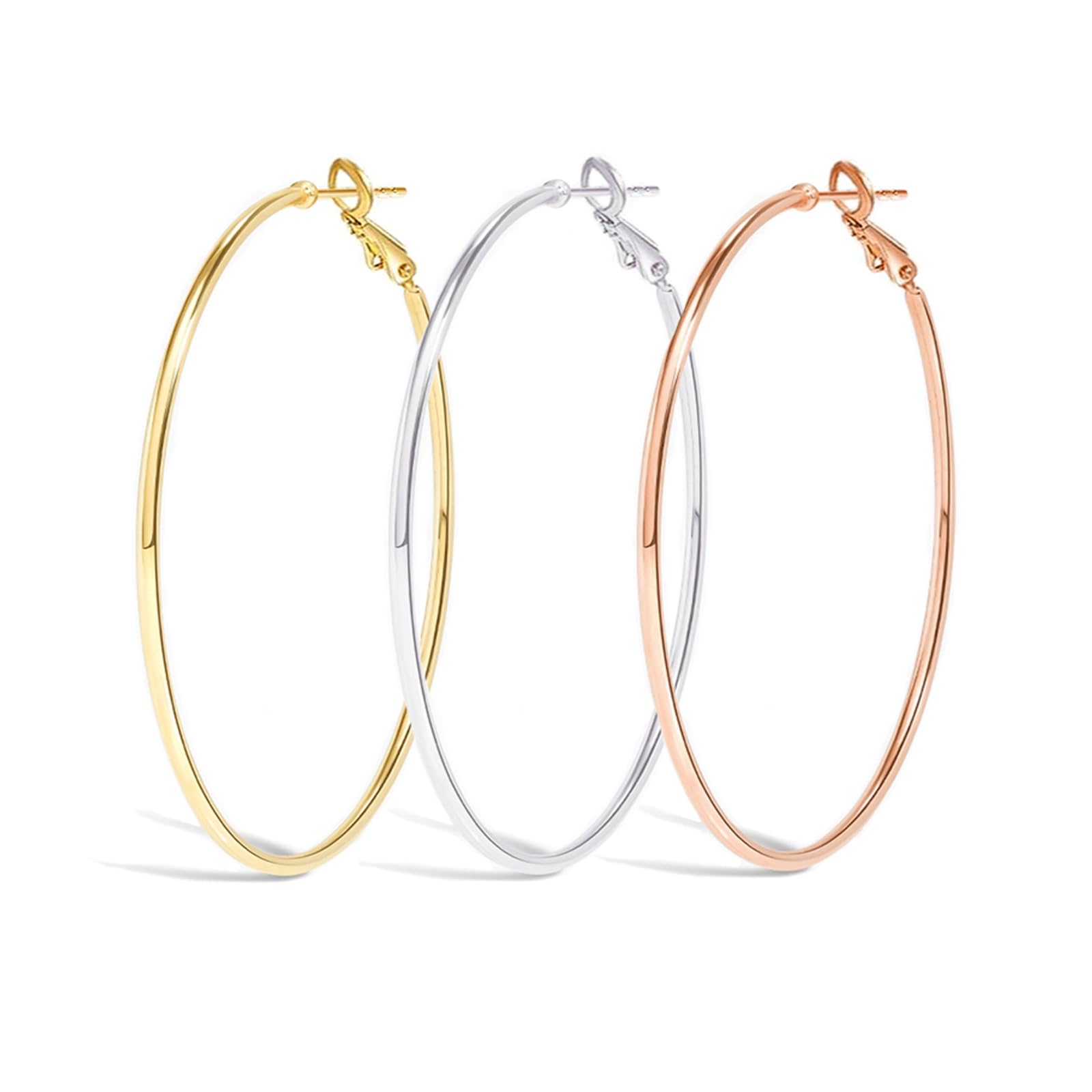 Cocadant Big Gold Hoop Earrings for Women,3 Colors Large Thin 60mm Silver Hoop Earrings Set Stainless Steel 14K Gold Plated with Hypoallergenic Sterling Silver Post