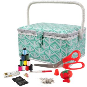 singer 07229 sewing basket with sewing kit, needles, thread, pins, scissors, and notions, boho fan