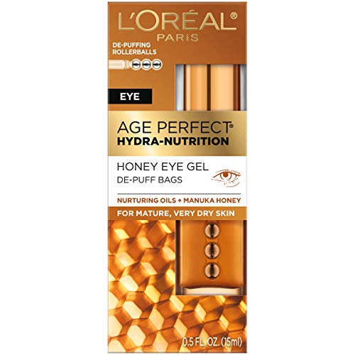 L'Oreal Paris Skincare Age Perfect Hydra Nutrition Eye Gel with Manuka Honey and Nurturing Oils, Eye Treatment Gel for Dry Skin, de-puffing rollerballs to Reduce Puffy Eyes, Paraben Free, 0.5 fl. oz.