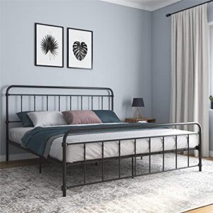 dhp winston metal platform bed with rustic design and curved edge headboard and footboard, adjustable base height for underbed storage, no box spring needed, king, black