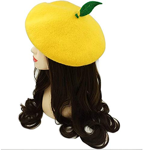 Green Leave Fruit Cosplay Beret Vintage Painter Hat Lolita Kawaii Wool Cap Xmas Gift (Lemon Yellow)