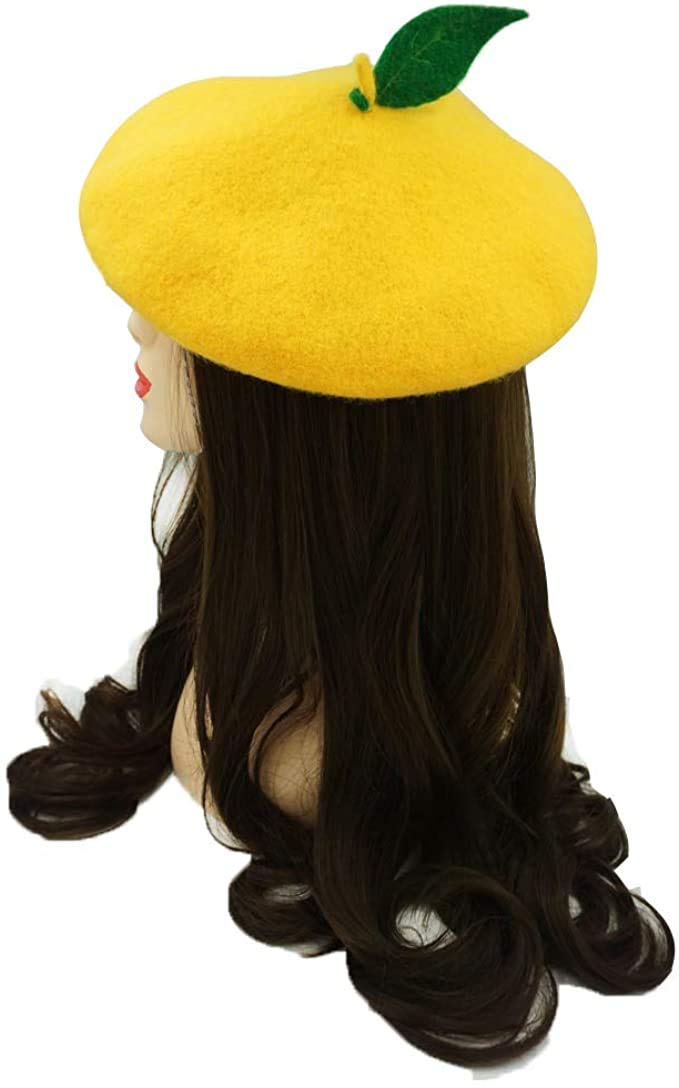 Green Leave Fruit Cosplay Beret Vintage Painter Hat Lolita Kawaii Wool Cap Xmas Gift (Lemon Yellow)