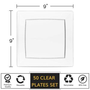 Oasis Creations Clear Square Plates Set 9" - 50 Count - Premium Hard Clear Plastic - Disposable and Reusable - Dinner Plates - Salad Plates - Party Plate Set - Weddings, Parties, Events & More!