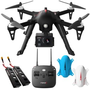 force1 f100gp drone with camera for adults or teens- gopro compatible rc drone with 1080p hd video camera long range brushless quadcopter with remote control, 2 drone batteries, 3 drone shells