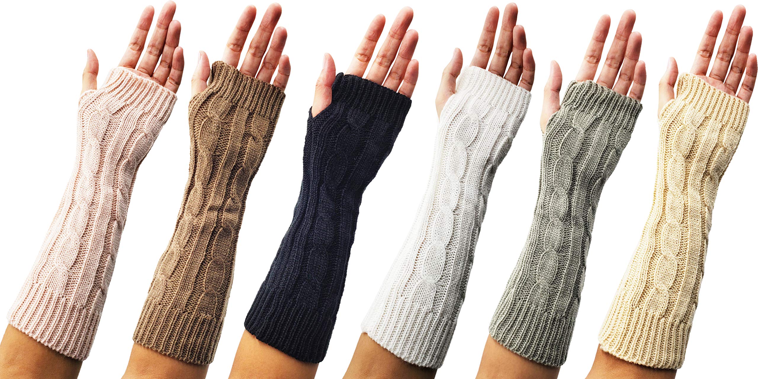 Arm Warmers, 6 Pairs for Women, Cable Knit Warm Winter Sleeve Fingerless Gloves, Premium (Assorted A)