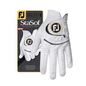 footjoy men's stasof golf glove white large, worn on left hand