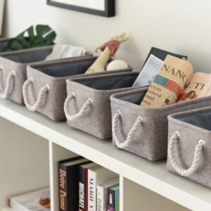 TheWarmHome Foldable Small Storage Baskets with Strong Cotton Rope Handles [6-Pack] Gray Collapsible Storage Bins Set Works Room Storage, Nursery Baskets