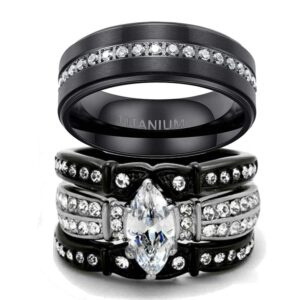 loversring his and hers couple ring bridal set his hers 3pc women black gold filled cz man titanium wedding ring band set