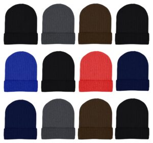 12 pack winter beanie hats for men women, warm cozy knitted cuffed skull cap, wholesale