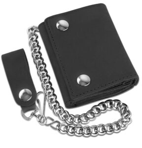 rfid blocking men's tri-fold vintage biker cowhide leather steel chain wallet,snap closure, made in usa,tc315-solid black