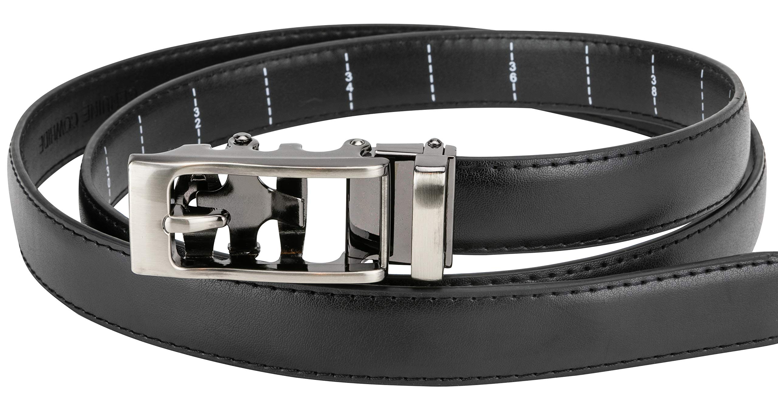 CANDOR AND CLASS Women's Leather Ratchet Belt, Trim to Fit 18"- 44" Waist, No Holes, Packed in a Gift Box (W723X Black, 25mm Wide)