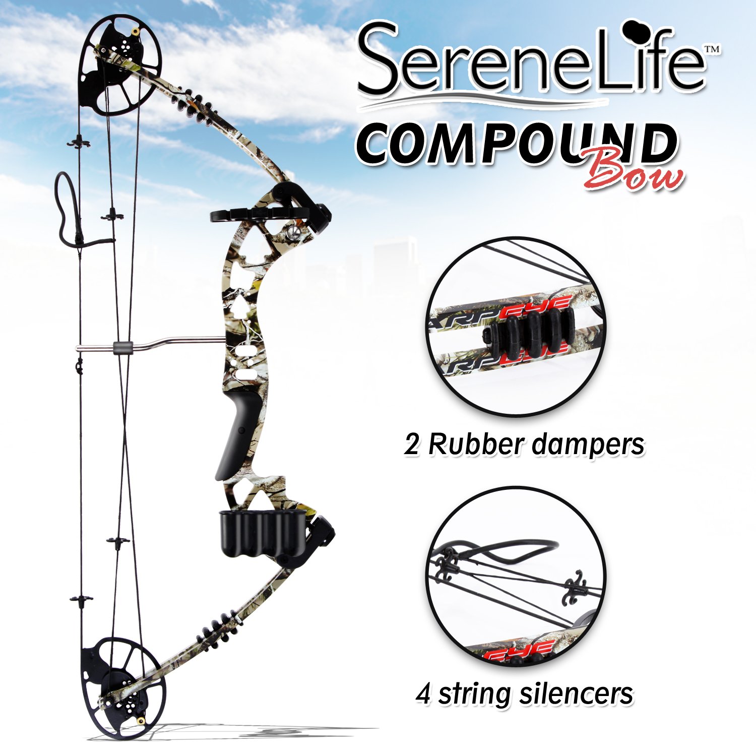 SereneLife Sharp Eye Camouflage Compound Bow-320 FPS Hunting Camo Archery Gear-Fiberglass Limb,Metal Riser,4 String Silencers,30-70lbs Adjustable Draw Weight,23.5”-30.5” Length SLCOMB10.5