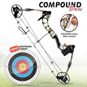 SereneLife Sharp Eye Camouflage Compound Bow-320 FPS Hunting Camo Archery Gear-Fiberglass Limb,Metal Riser,4 String Silencers,30-70lbs Adjustable Draw Weight,23.5”-30.5” Length SLCOMB10.5