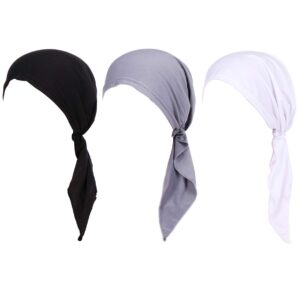 summer chemo scarf lightweight silky beanie ruffle cap cancer headwear for womens (black+grey+white)