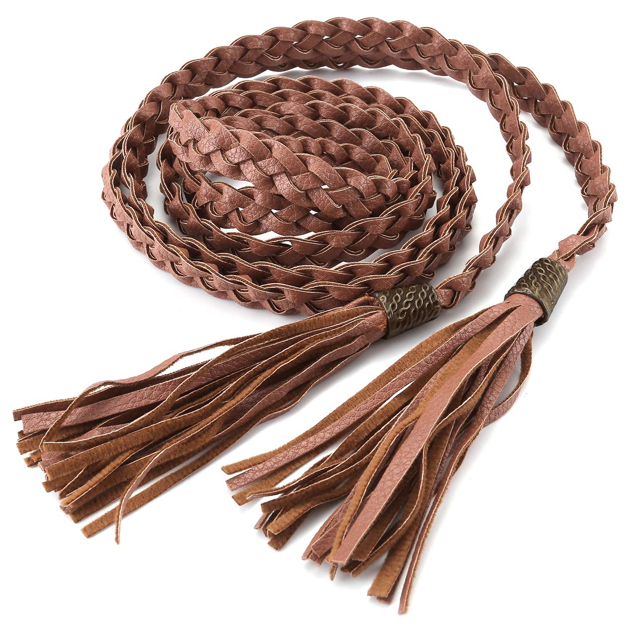 CHIC DIARY Women Braided Waist Belt Skinny Woven Tassel Belt for Dress (Brown)