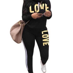 Women's Tracksuit Cowl Neck Long Sleeve Sweatshirt and Sweatpants set Letter Print 2 Piece Outfits Black XL