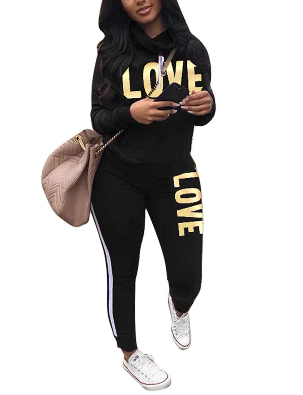 Women's Tracksuit Cowl Neck Long Sleeve Sweatshirt and Sweatpants set Letter Print 2 Piece Outfits Black XL