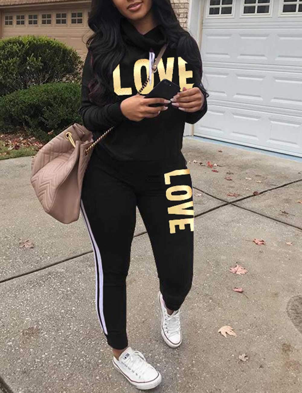 Women's Tracksuit Cowl Neck Long Sleeve Sweatshirt and Sweatpants set Letter Print 2 Piece Outfits Black XL