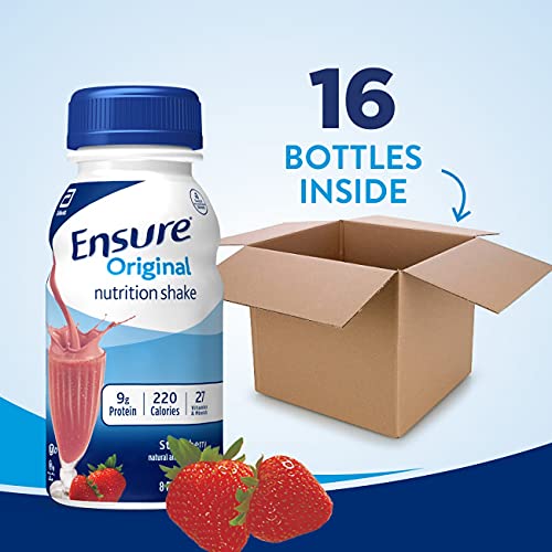 Ensure Original Nutrition Shake, Small Meal Replacement Shake, Complete, Balanced Nutrition with Nutrients to Support Immune System Health, Strawberry, 8 Fl Oz (Pack of 16)