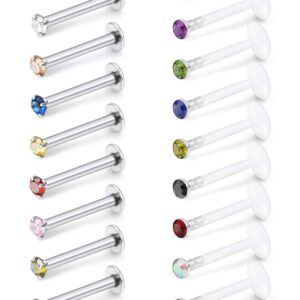 SCERRING 20PCS 16G 8mm Acrylic & Stainless Steel Labret Monroe Lip Ring Tragus Nail Helix Earring Stud Piercing Jewelry with 2mm 4-Prong-Setting Mix Color CZ