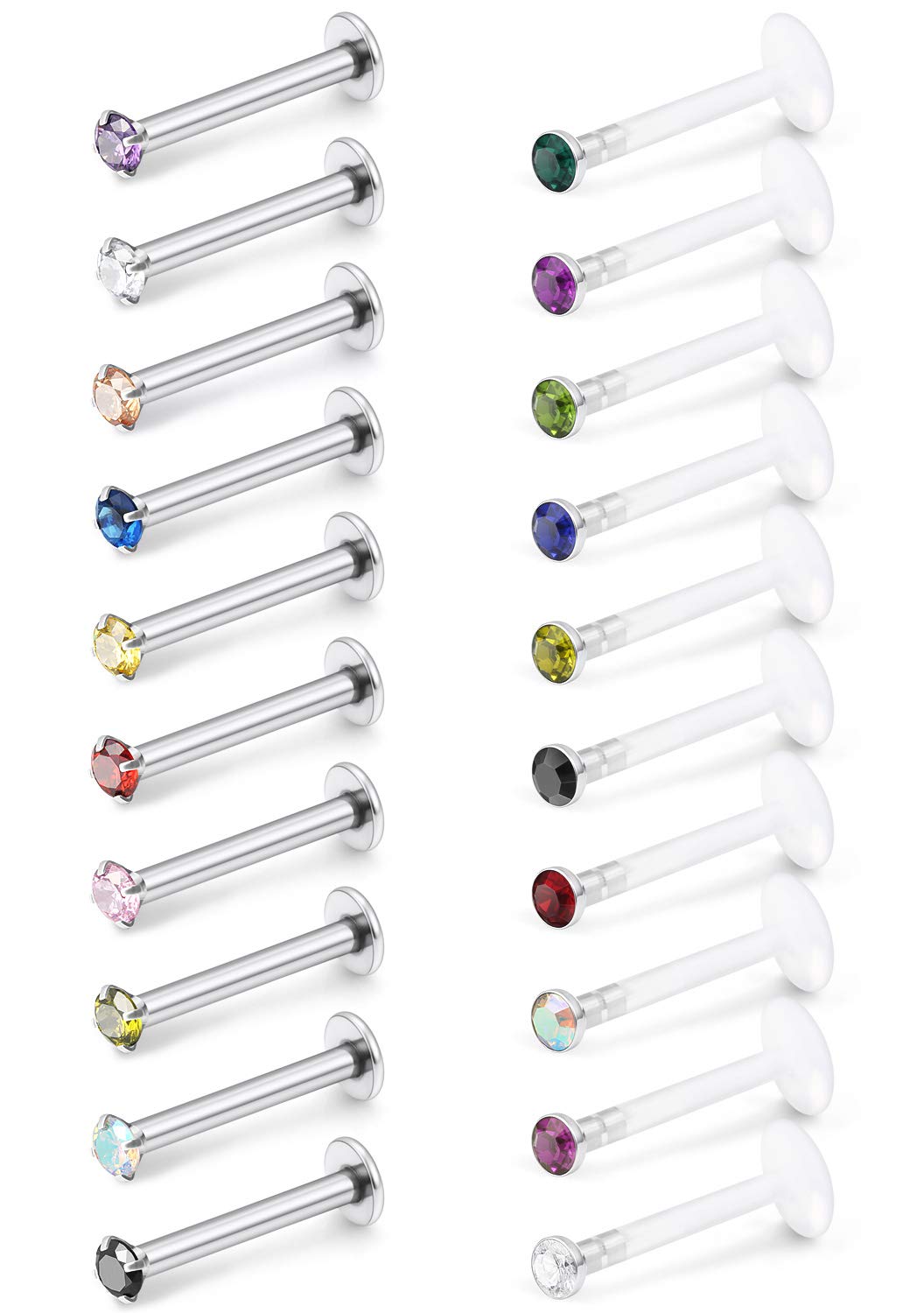 SCERRING 20PCS 16G 8mm Acrylic & Stainless Steel Labret Monroe Lip Ring Tragus Nail Helix Earring Stud Piercing Jewelry with 2mm 4-Prong-Setting Mix Color CZ