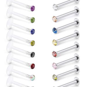 SCERRING 20PCS 16G 8mm Acrylic & Stainless Steel Labret Monroe Lip Ring Tragus Nail Helix Earring Stud Piercing Jewelry with 2mm 4-Prong-Setting Mix Color CZ