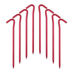 hikemax 7075 aluminum tent stakes 10 pack - ultralight 7 inch hook tent pegs with carrying pouch - made for camping trip, hiking and gardening red