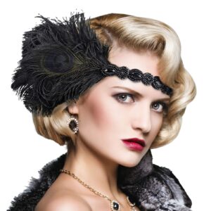 stardy 1920s flapper headbands great gatsby rhinestone headpiece with peacock feather jewel hair accessories (black)