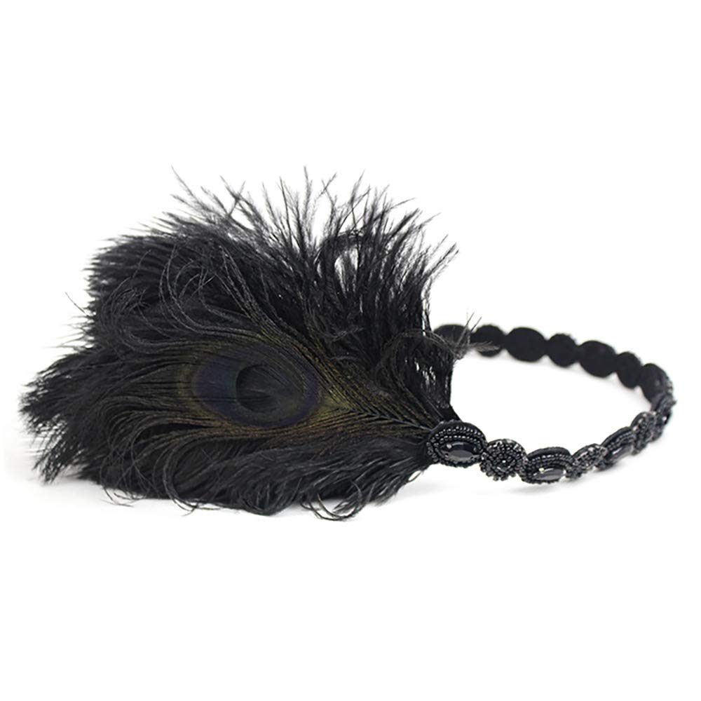 StarDY 1920s Flapper Headbands Great Gatsby Rhinestone Headpiece with Peacock Feather Jewel Hair Accessories (Black)