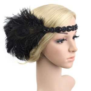 StarDY 1920s Flapper Headbands Great Gatsby Rhinestone Headpiece with Peacock Feather Jewel Hair Accessories (Black)