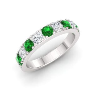 diamondere natural and certified emerald and diamond wedding ring in 10k white gold | 0.92 carat half eternity stackable band for women, us size 8.5