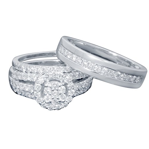 jsjewels 4ct Diamond 14k White Gold Fn 925 Engagement Wedding His & Hers Trio Ring Set