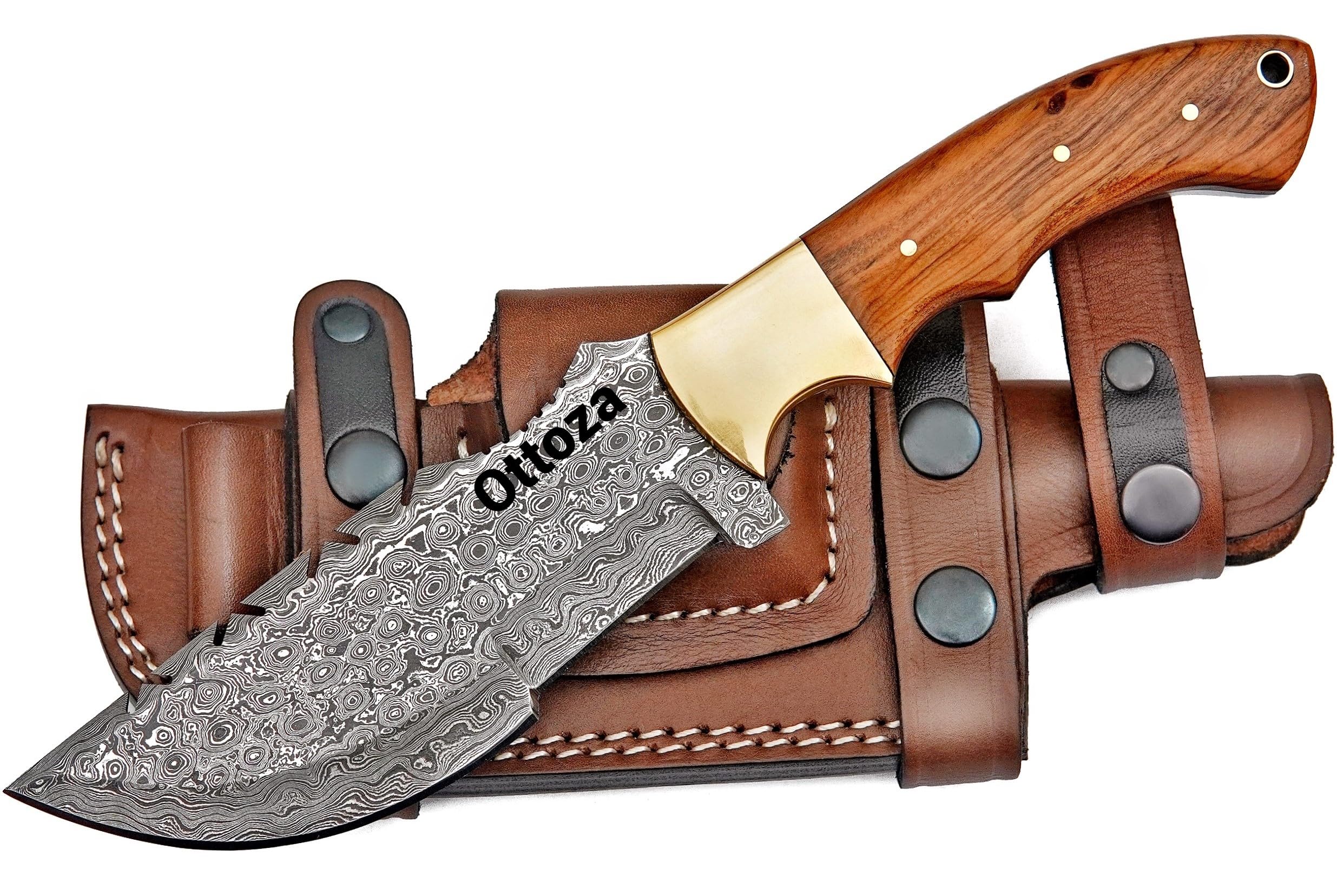 Ottoza Tracker Knife & Wood Handle - Damascus Hunting Knife - Horizontal Carry Knife Sheath 89