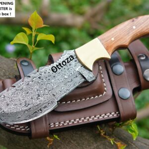 Ottoza Tracker Knife & Wood Handle - Damascus Hunting Knife - Horizontal Carry Knife Sheath 89