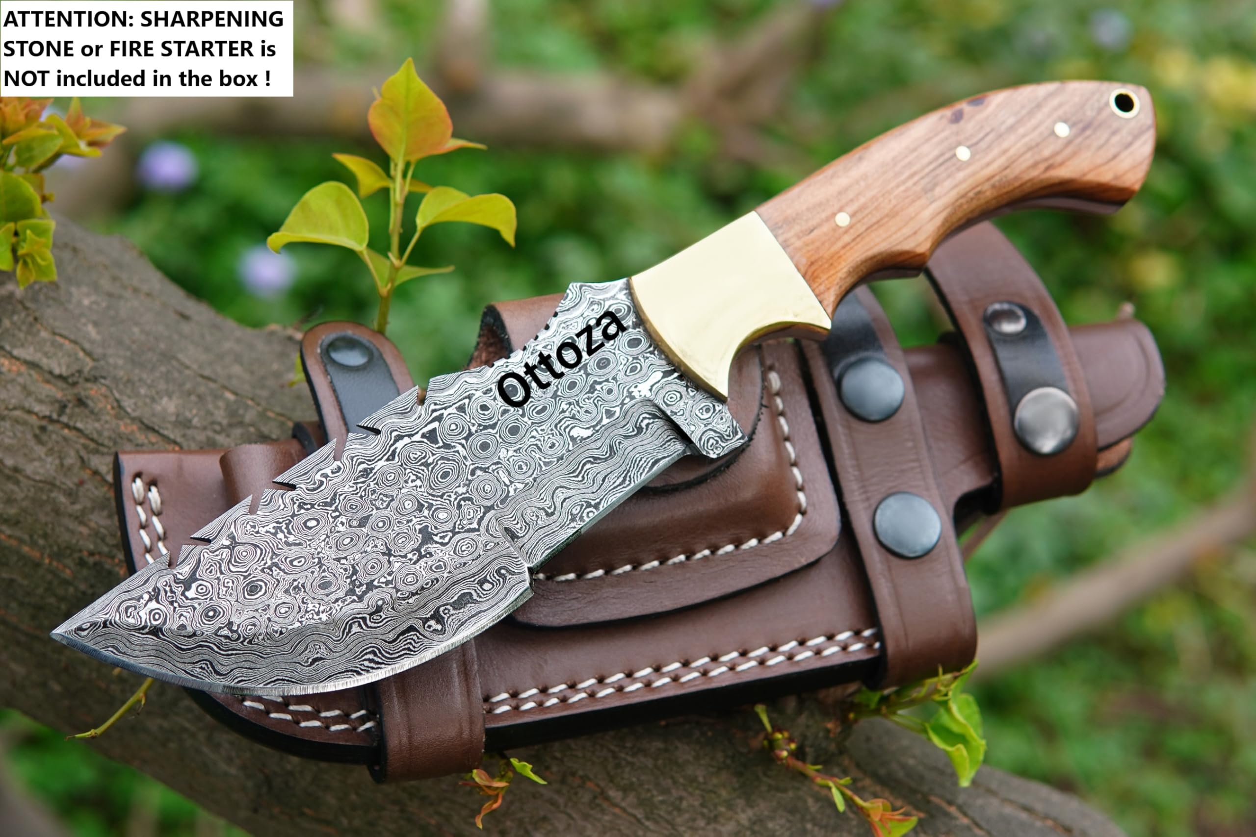 Ottoza Tracker Knife & Wood Handle - Damascus Hunting Knife - Horizontal Carry Knife Sheath 89