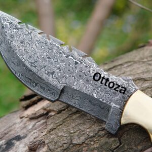 Ottoza Tracker Knife & Wood Handle - Damascus Hunting Knife - Horizontal Carry Knife Sheath 89