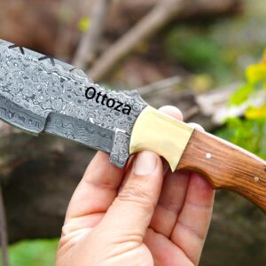 Ottoza Tracker Knife & Wood Handle - Damascus Hunting Knife - Horizontal Carry Knife Sheath 89