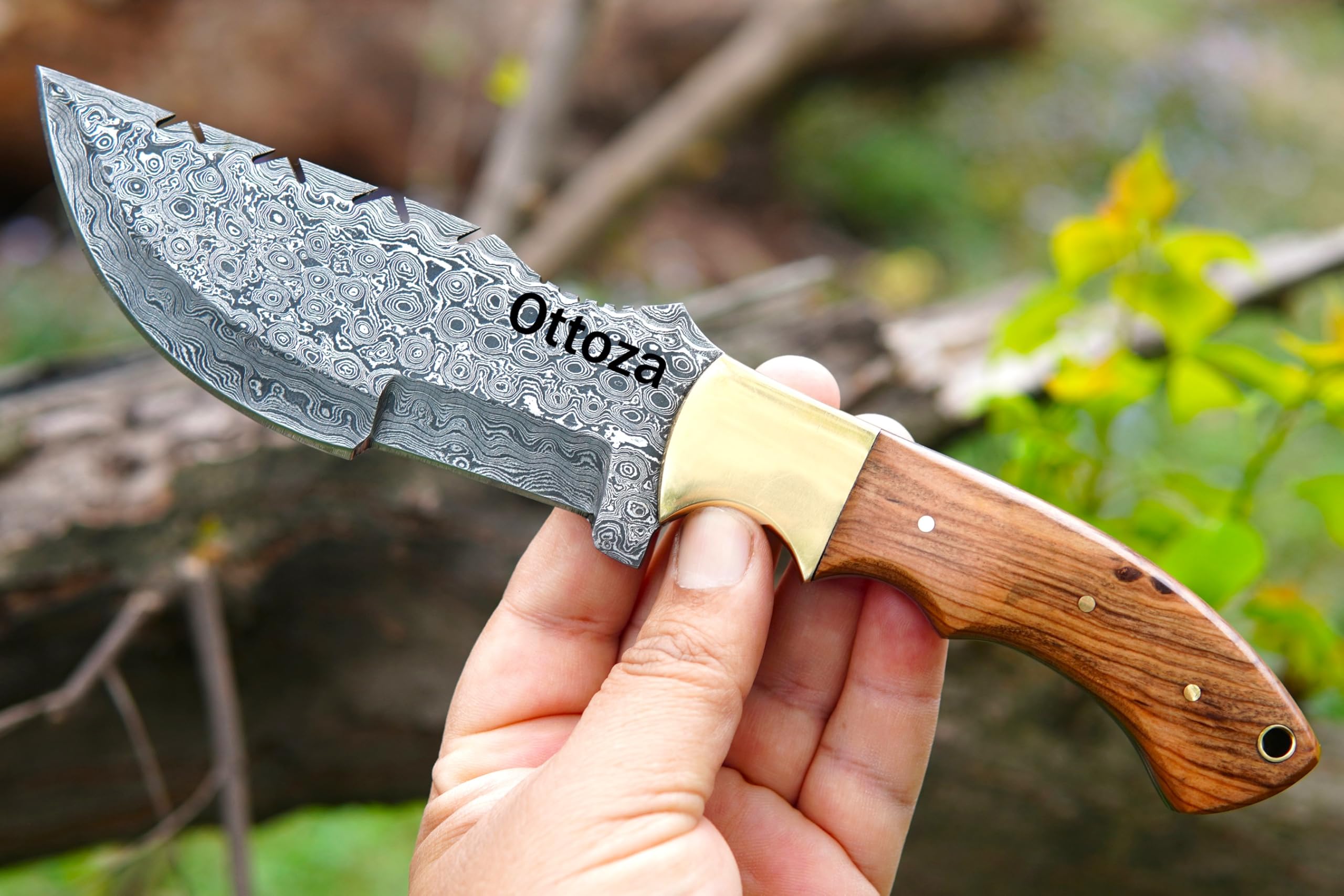 Ottoza Tracker Knife & Wood Handle - Damascus Hunting Knife - Horizontal Carry Knife Sheath 89