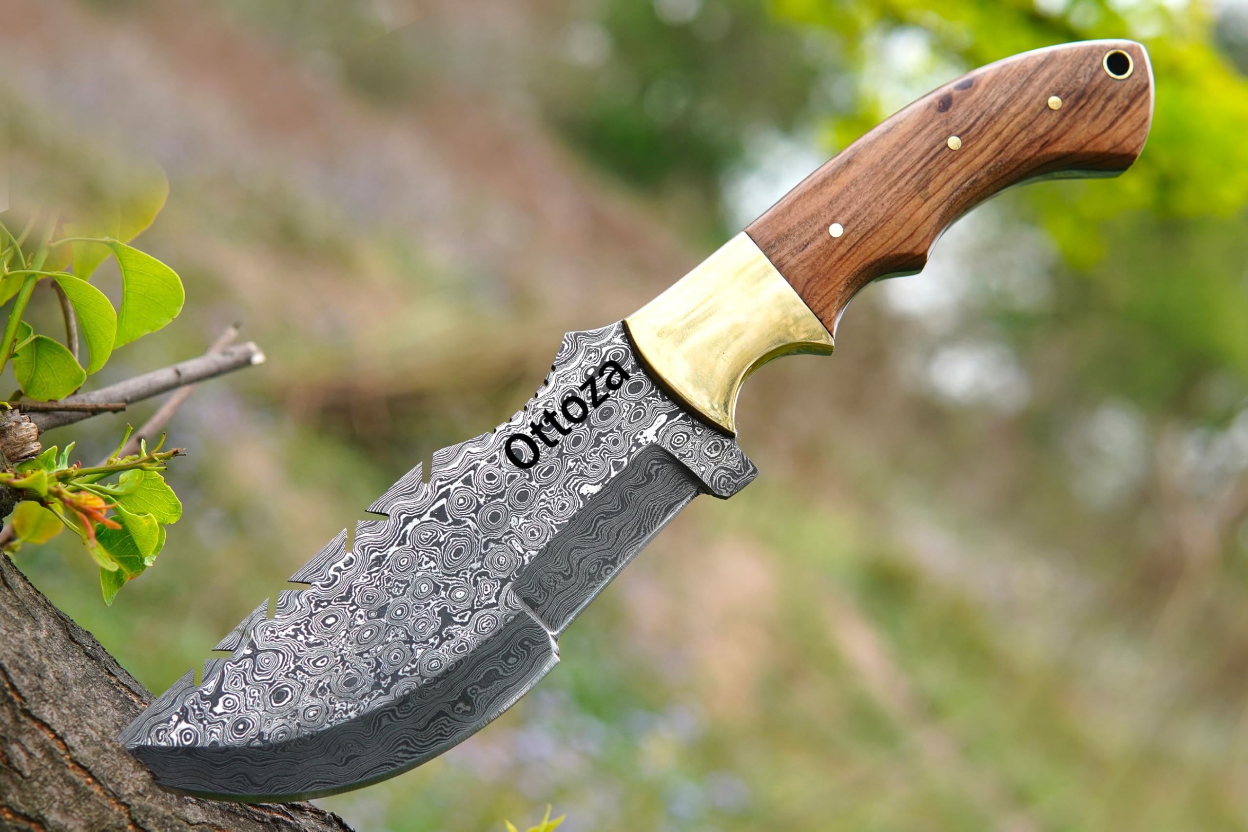 Ottoza Tracker Knife & Wood Handle - Damascus Hunting Knife - Horizontal Carry Knife Sheath 89